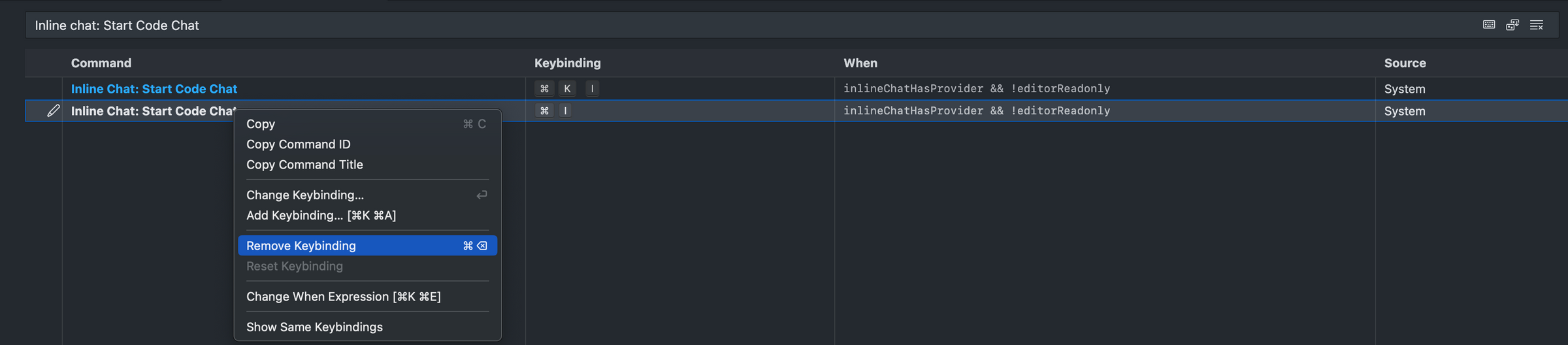 Visual Studio Code: Unbind "Copilot Chat" from CMD + I